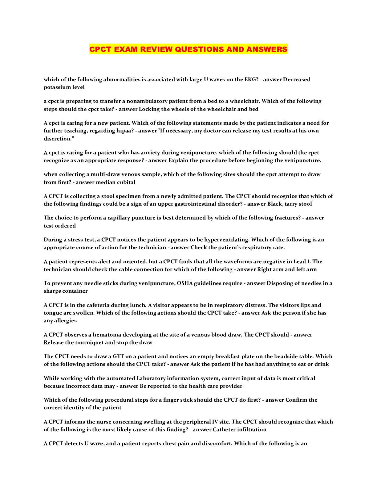 CPCT EXAM REVIEW QUESTIONS AND ANSWERS - Scholarfriends